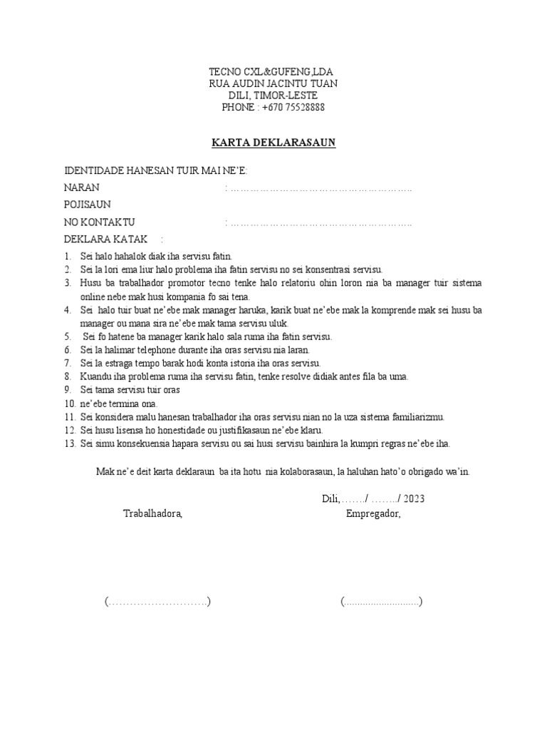 Karta Deklarasaun Servisu 2023 | PDF | Negocios | Finanzas y dinero