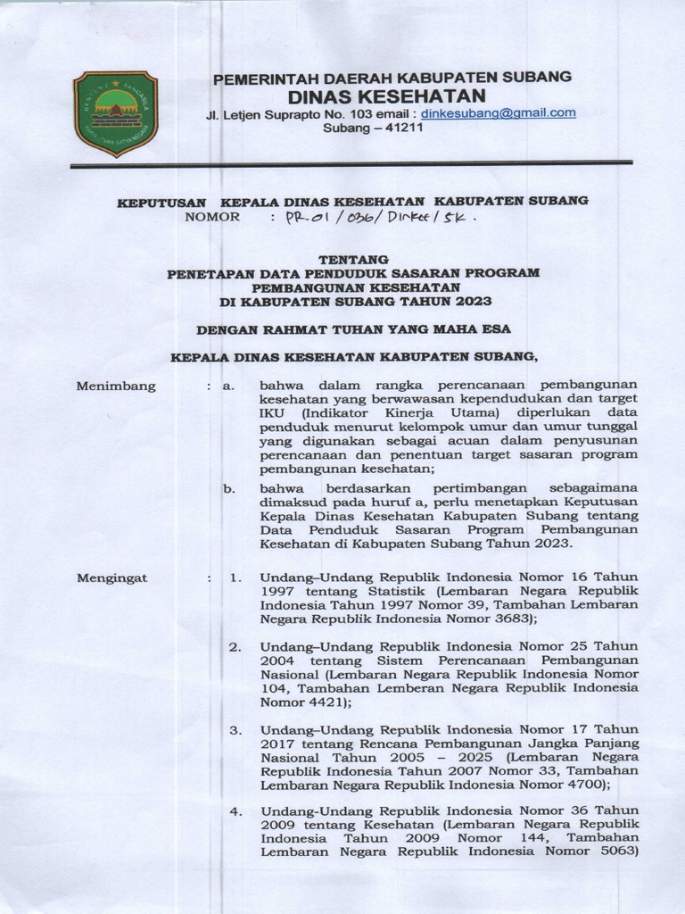 SK Penetapan Data Penduduk Sasaran Program Revisi | PDF