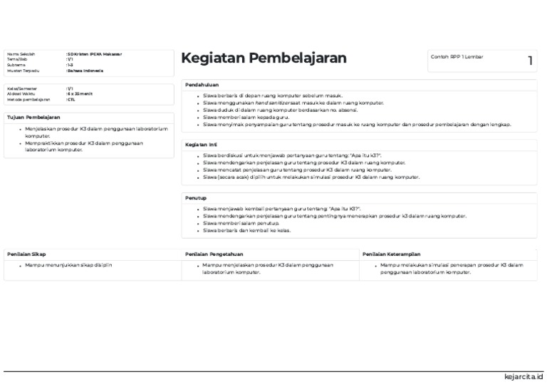 RPP TIK Kelas 1 - Pembelajaran 1-3 | PDF