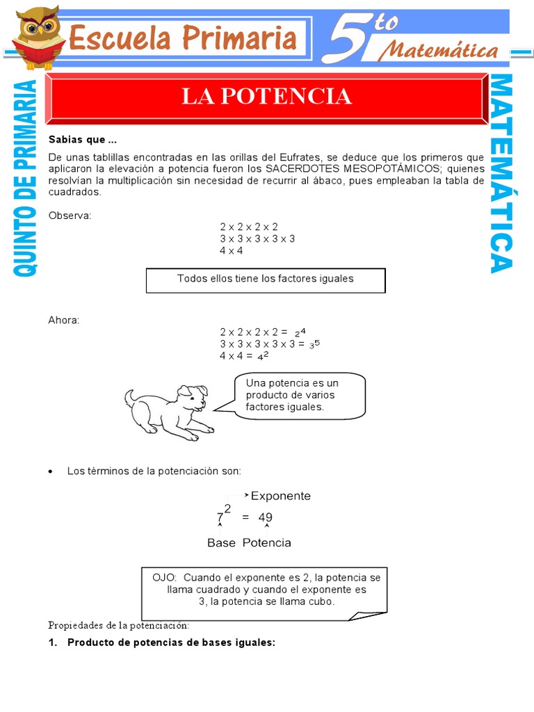 La Potencia para Quinto de Primaria | PDF | Exponenciación | Multiplicación