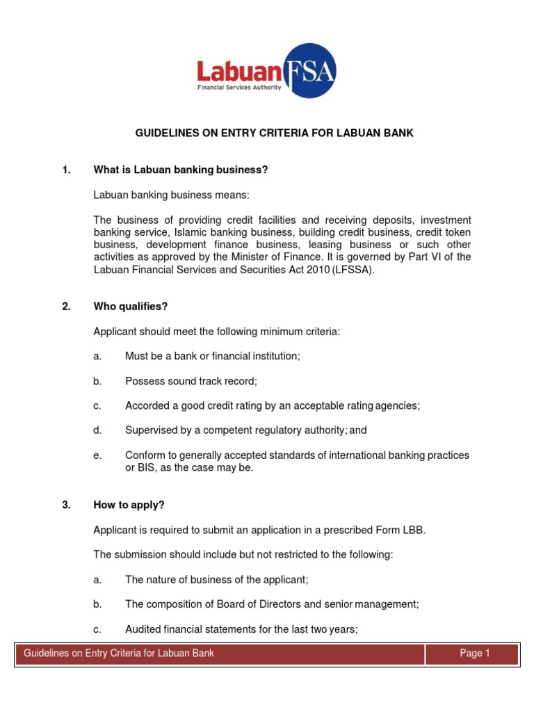 Guidelines On Entry Criteria For Labuan Bank - 14052019 | PDF | Banks ...