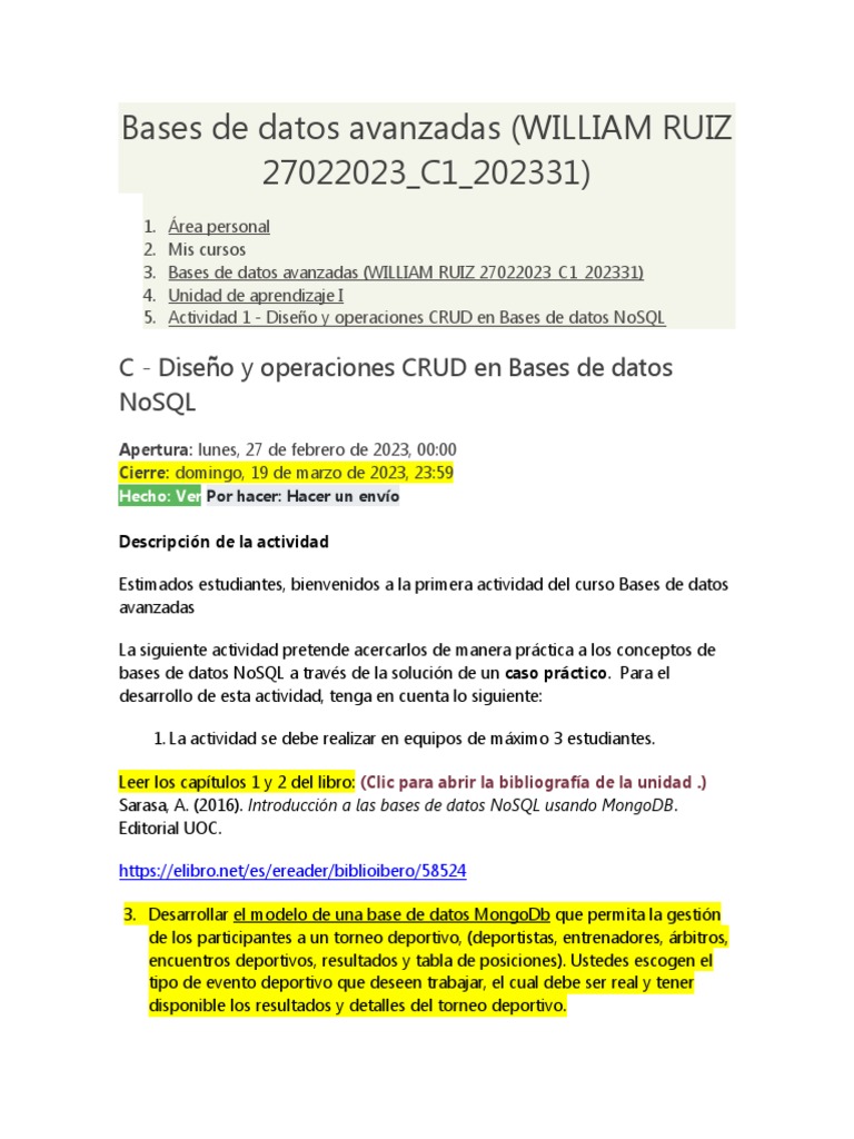 Actividad 1 - Diseño y Operaciones CRUD en Bases de Datos NoSQL | PDF ...