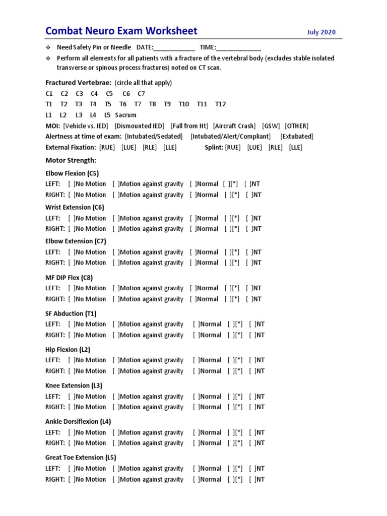 Combat Neuro Exam Worksheet | PDF | Anatomical Terms Of Motion | Vertebra