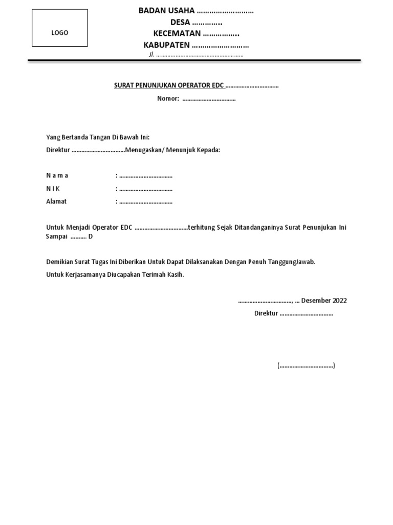 Surat Penunjukan Operator EDC | PDF