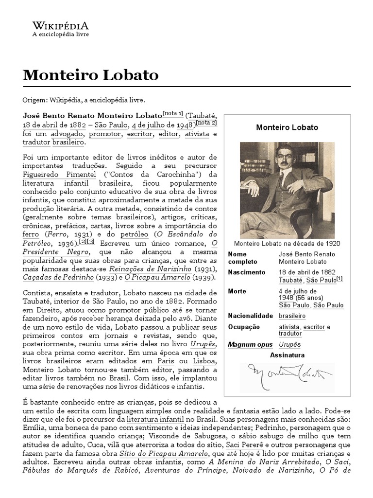 Monteiro Lobato – Wikipédia, a enciclopédia livre | PDF Monteiro Lobato – Wikipédia, a enciclopédia livre | PDF