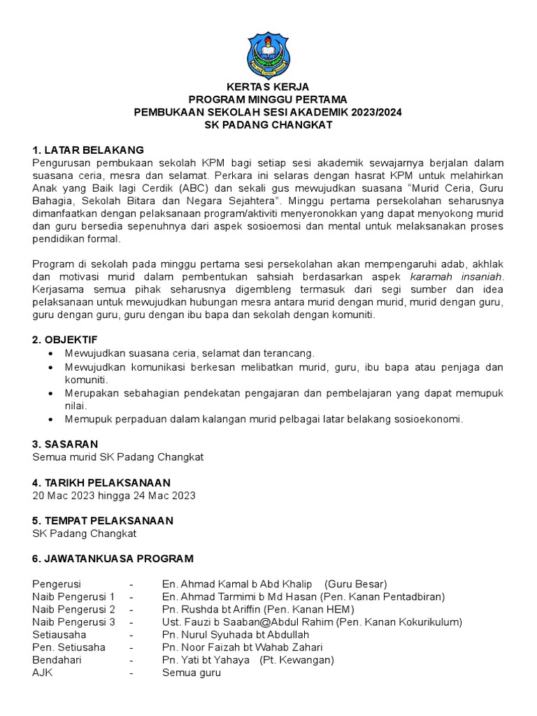 Kertas Kerja Program Minggu Pertama Persekolahan | PDF