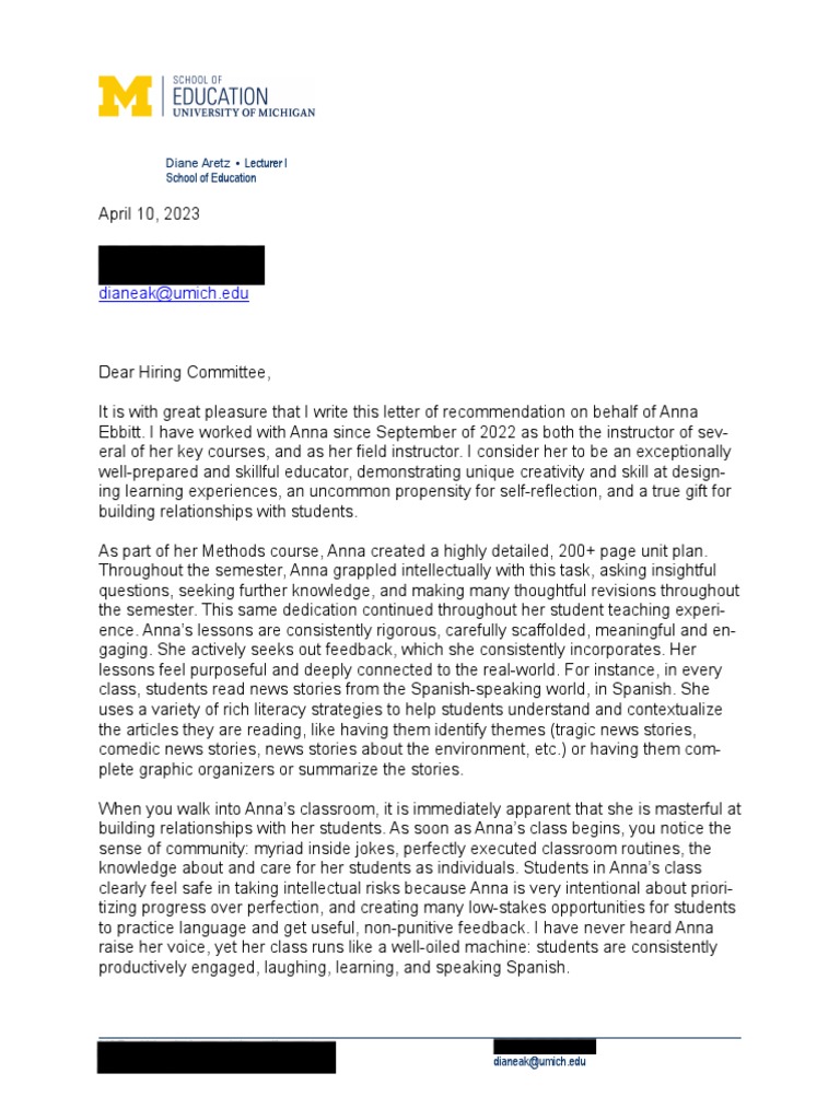 Anna Ebbitt Letter of Recommendation - Diane | PDF | Education Theory | Cognitive Science