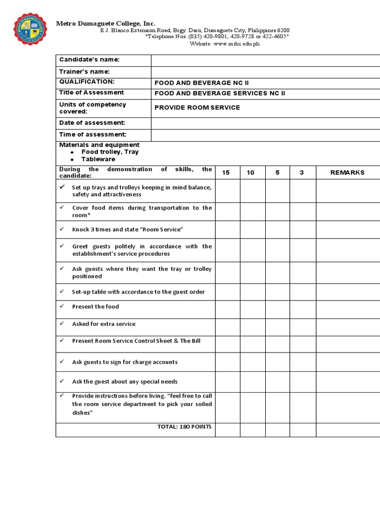 Rubrics Room Service FINAL | PDF