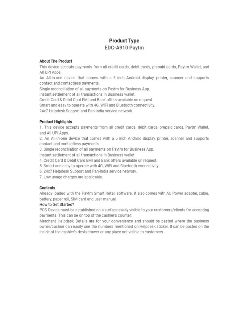 Paytm A910 EDC Machine Overview | PDF