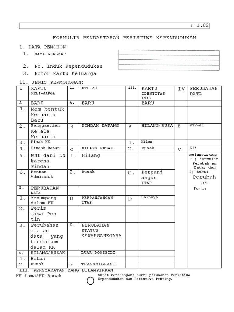 Formulir Pendaftaran Peristiwa Kependudukan 1. 2. 3.: Nama Lengkap | PDF | Hukum