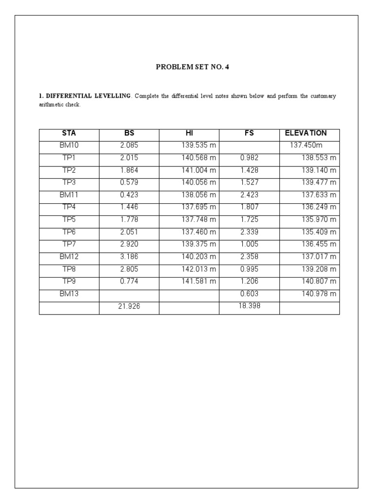 DIFFERENTIAL LEVELLING PROBLEM SET NO. 4 | PDF | Science | Applied And ...
