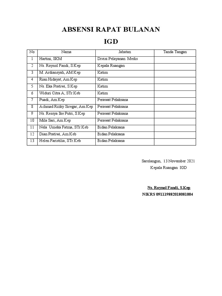 Daftar Hadir Rapat IGD November 2021 | PDF
