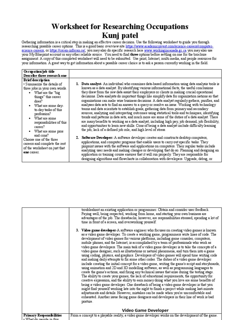 Career Research Worksheet Guide | PDF | Data Analysis | Video Games