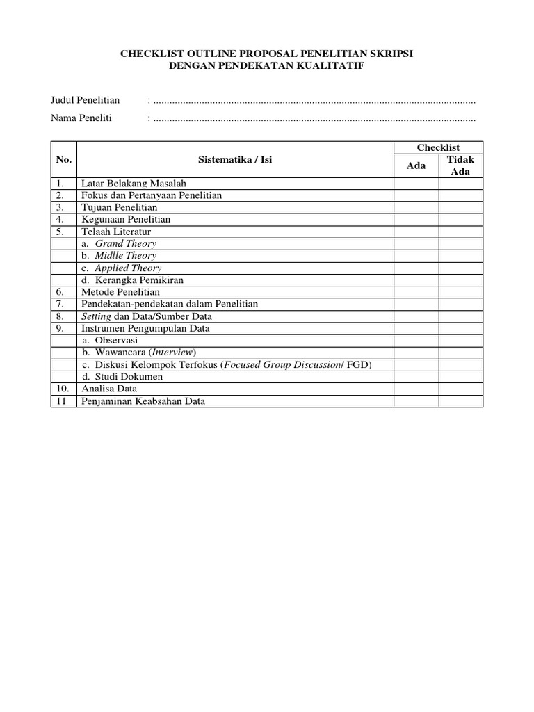 Checklist Outline Proposal Penelitian Skripsi Kualitatif | PDF