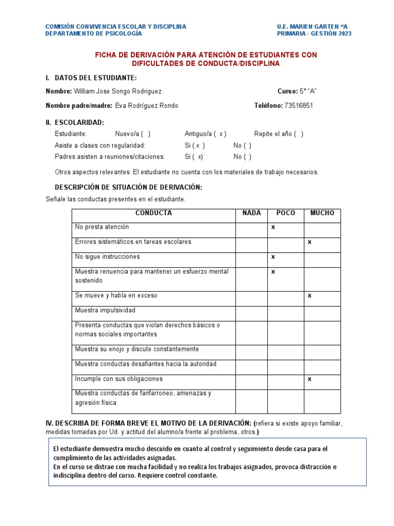 FICHA DE DERIVACIÓN - DIFICULTADES DE CONDUCTA William | PDF | Disciplinas | Comportamiento