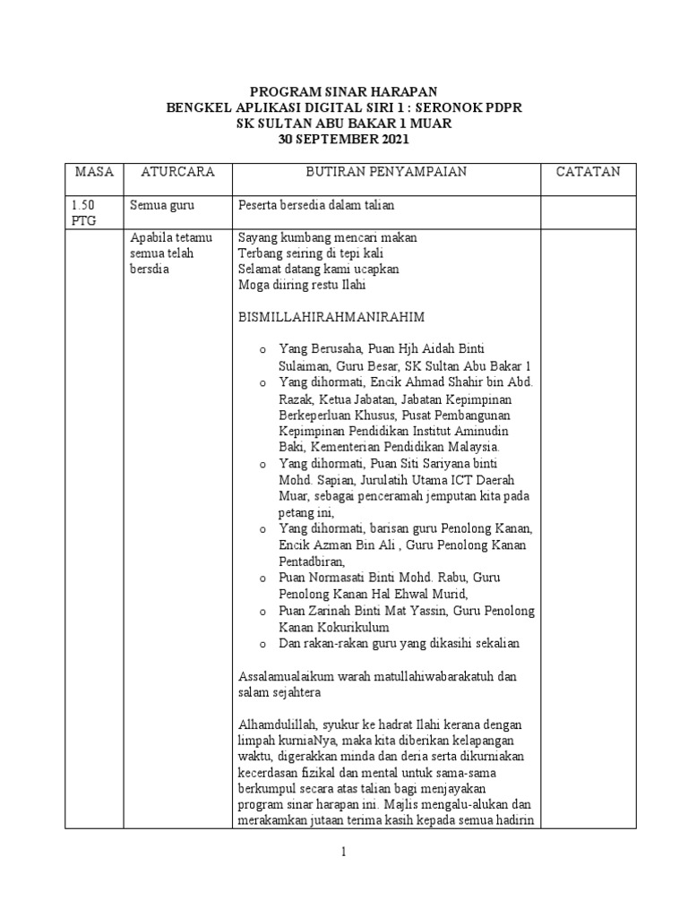 Teks MC Program Sinar Harapan Bengkel Aplikasi Digital Seronok PDPR GM ...