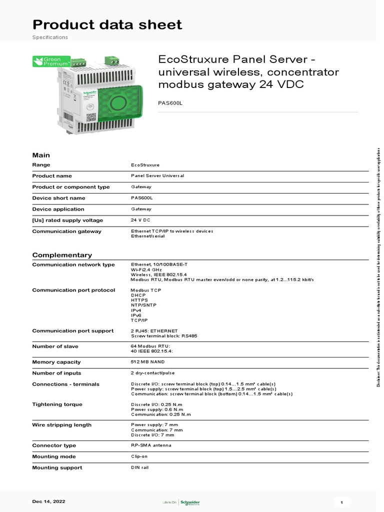 PAS600L EcoStruxure Panel Server Datasheet | PDF | Computer Network ...