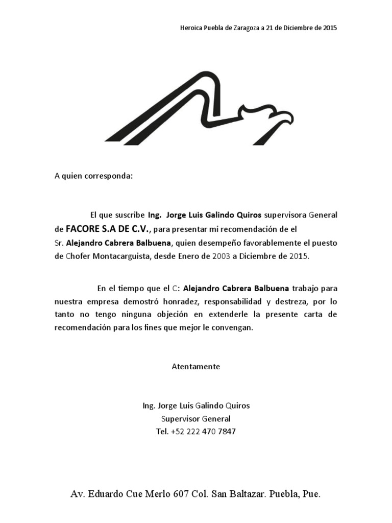 Facore S.A de C.V.,: Av. Eduardo Cue Merlo 607 Col. San Baltazar ...