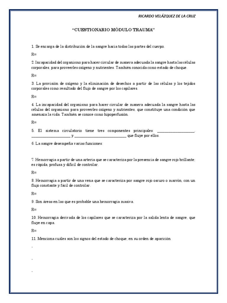 Cuestionario Módulo Trauma | PDF | Lesión | Quemar