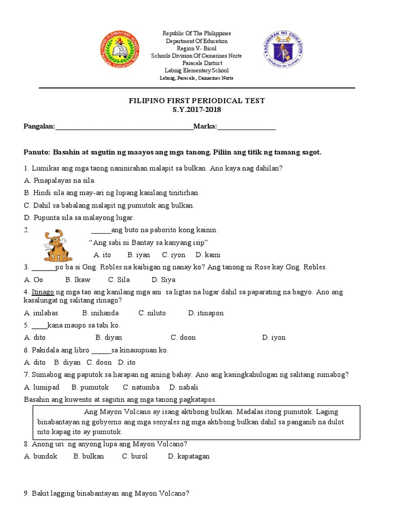 Filipino First Periodical Test S.Y.2017-2018: Pangalan: - Marka | PDF