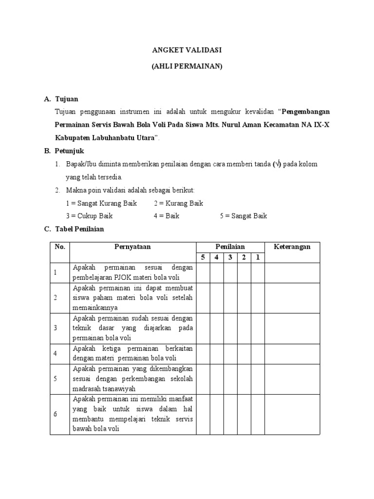 Angket Validasi Permainan | PDF