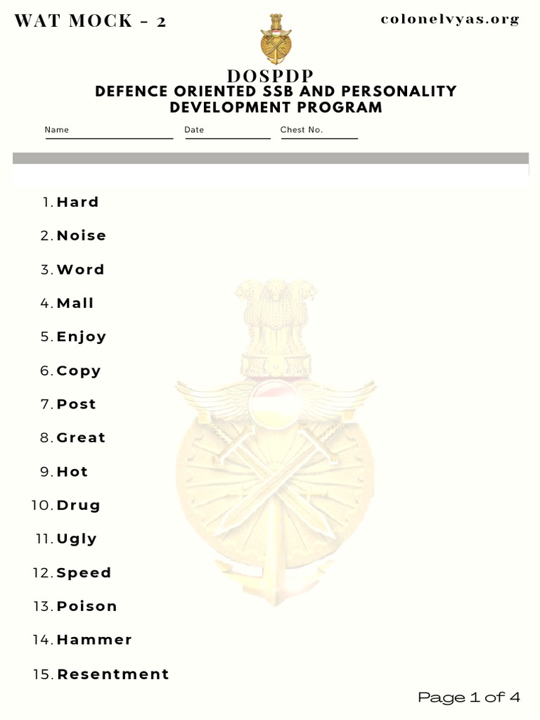 WAT-2 - Word Association Test - Defence Exams - Staff Selection Board ...