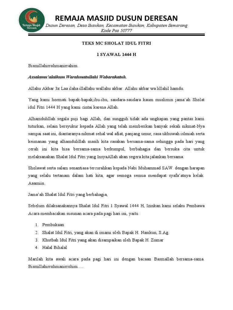 Teks MC Sholat Idul Fitri | PDF