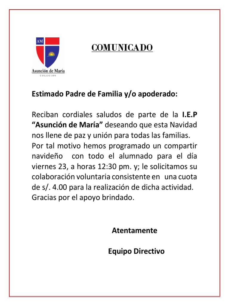 Comunicado: Estimado Padre de Familia Y/o Apoderado | PDF