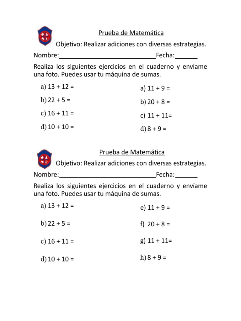 Prueba de Matemática sumas | PDF