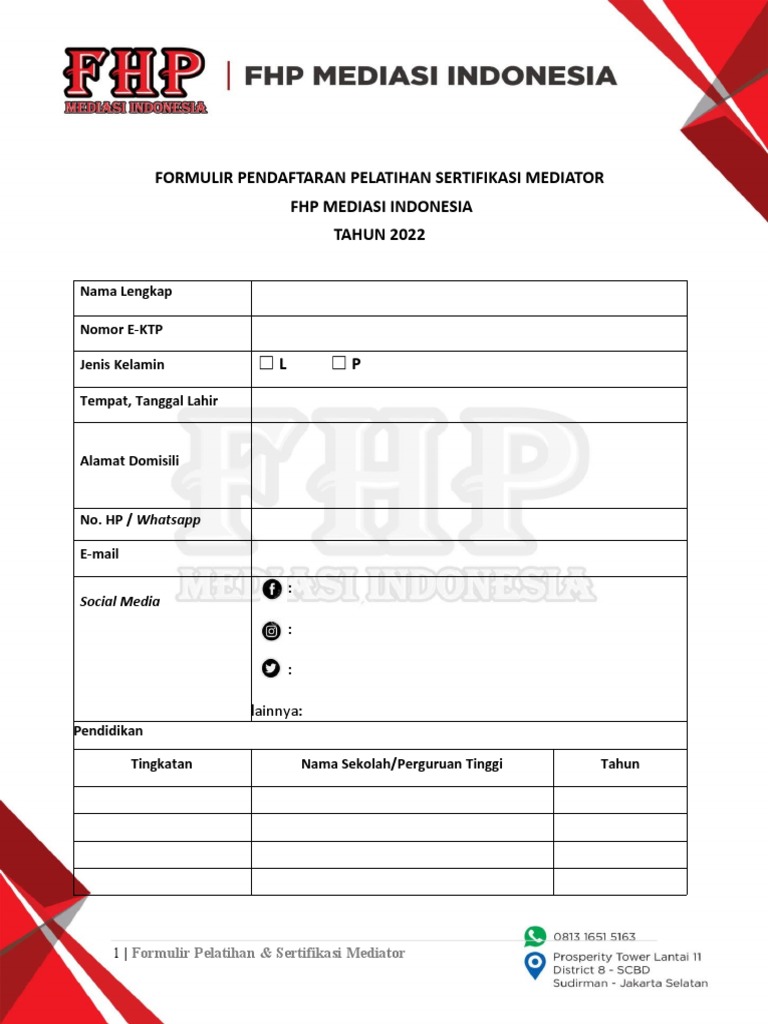Form Pendaftaran Pelatihan Sertifikasi Mediator FHP Mediasi Ind - 2022 ...