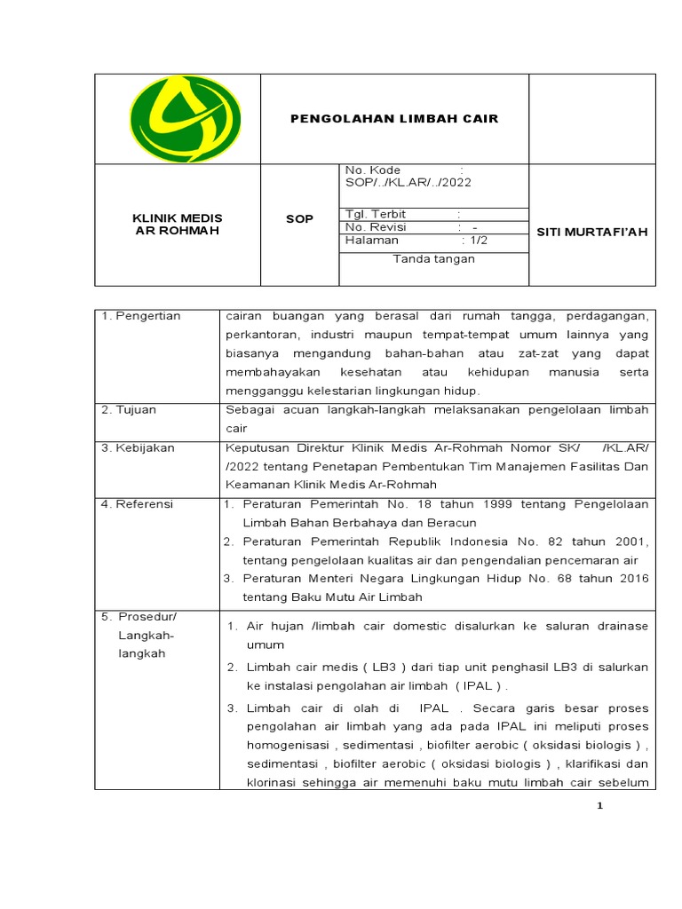 SOP PENGELOLAAN Limbah Cair | PDF