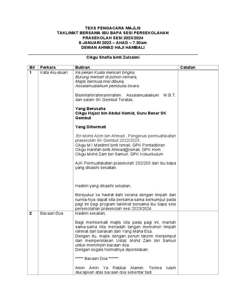 Teks - Pengacara - Majlis Taklimat Prasekolah | PDF