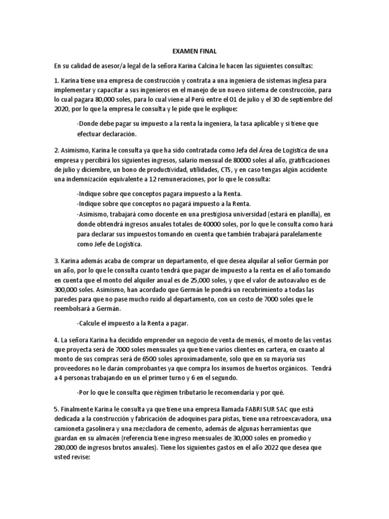 Caso para El Examen Final - Tributario Ii | PDF | Impuesto sobre la renta | Economias