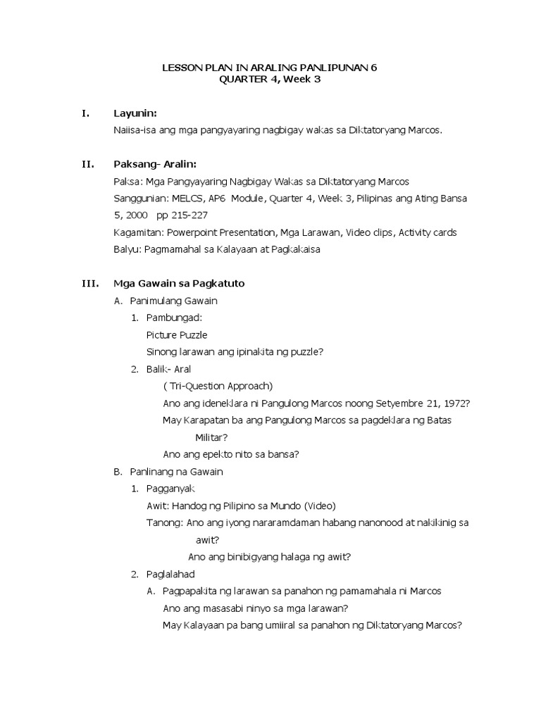 Lesson Plan in Araling Panlipunan 6 4th Quarter | PDF