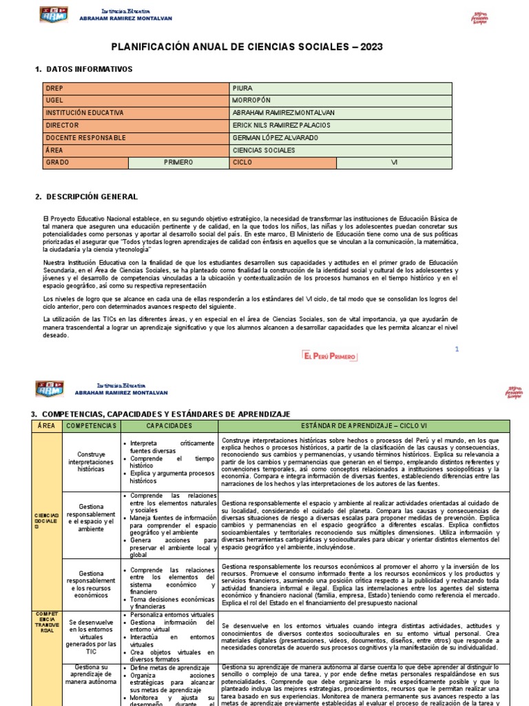 Planificacion Anual CCSS 1ro (2023) | PDF | Aprendizaje