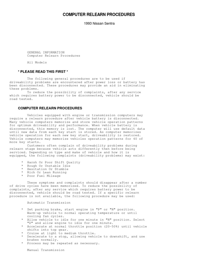 Computer Relearn Procedures | PDF | Vehicles | Manual Transmission