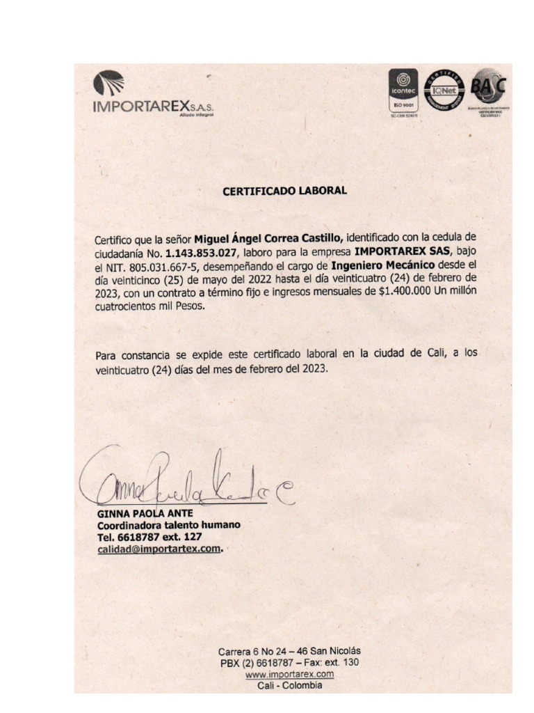 Certificado Laboral | PDF