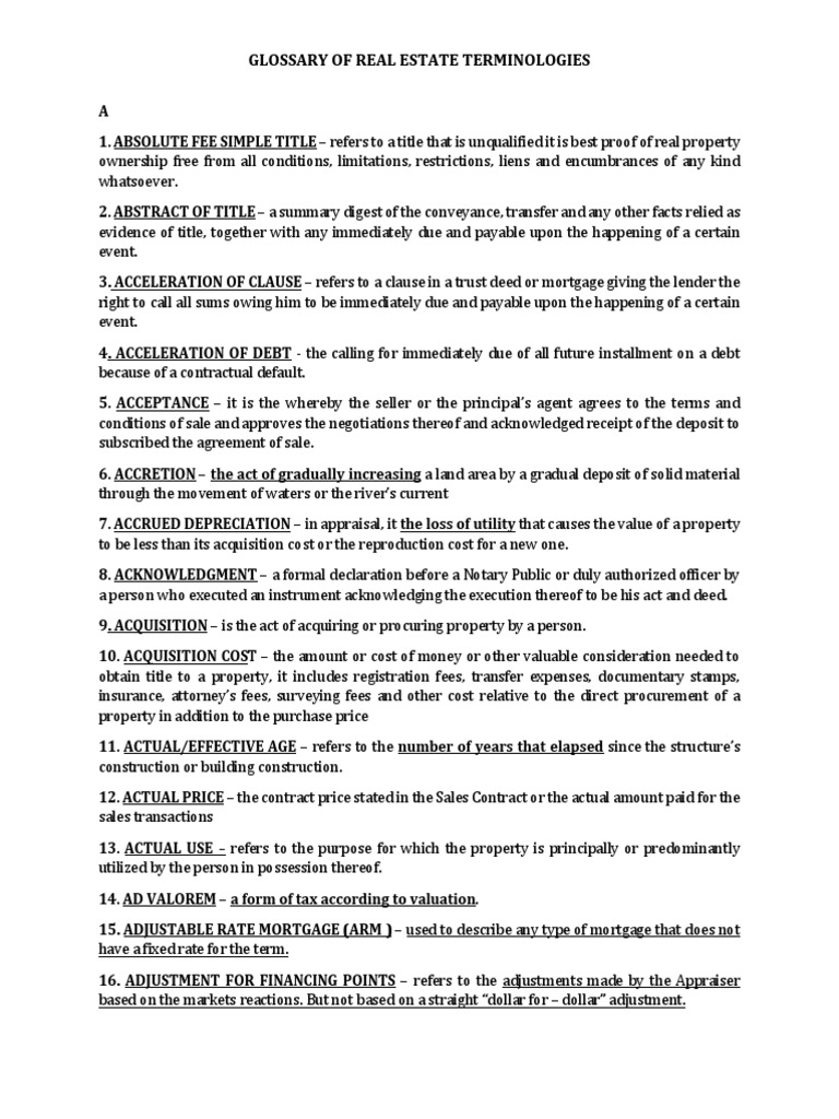 Glossary of Real Estate Terminologies | PDF | Mortgage Law | Real ...