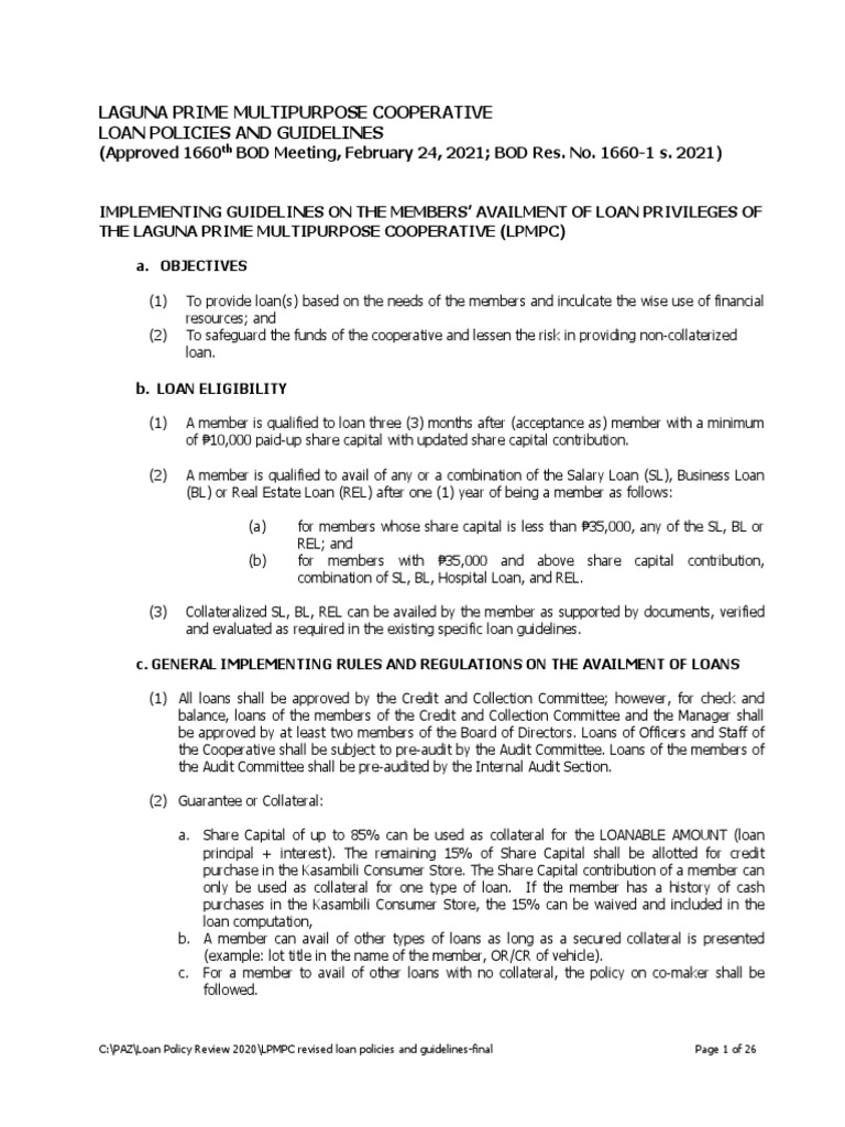 Implementing Guidelines on Loan Policies and Availment for the Laguna ...