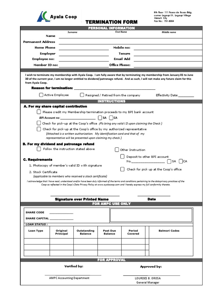 Ayala Coop Membership Termination Form | PDF | Dividend | Business