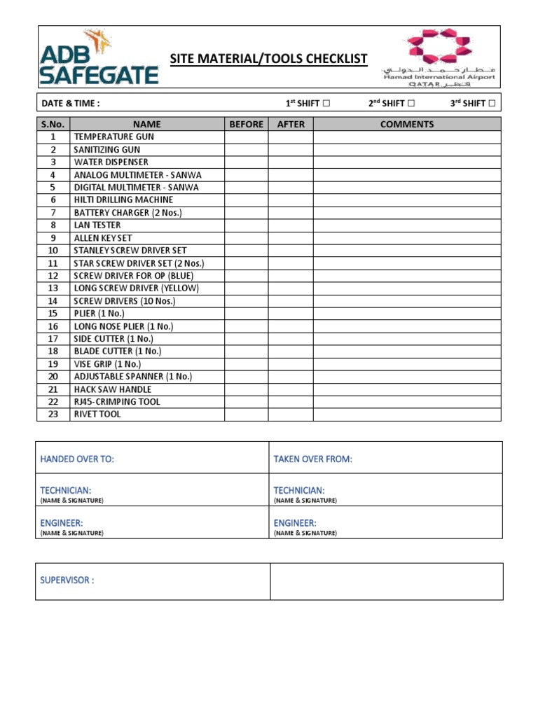Tools and Equipment Inspection Checklist | PDF | Technology & Engineering