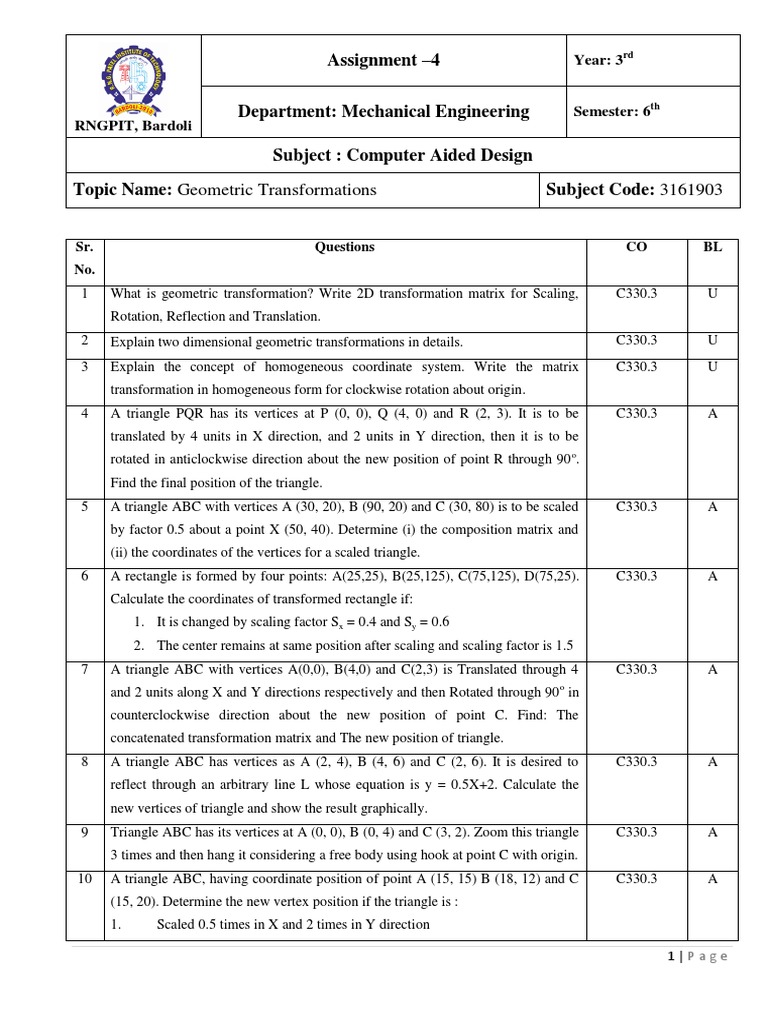 Assignment 4 Geometric Transformations Pdf Cartesian Coordinate