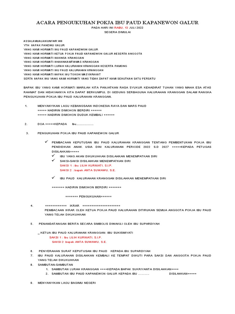 Susunan Acara Pengukuhan Pokja Ibu Paud | PDF