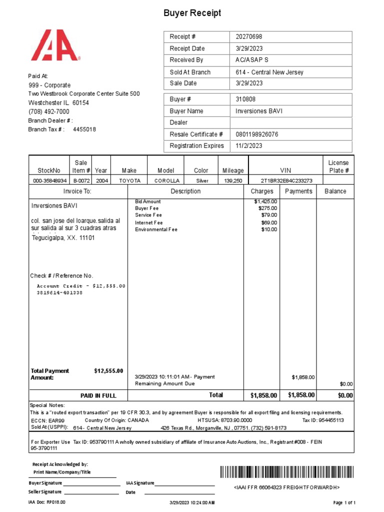 Toyota Corolla Purchase Receipt | PDF | Receipt | Fee
