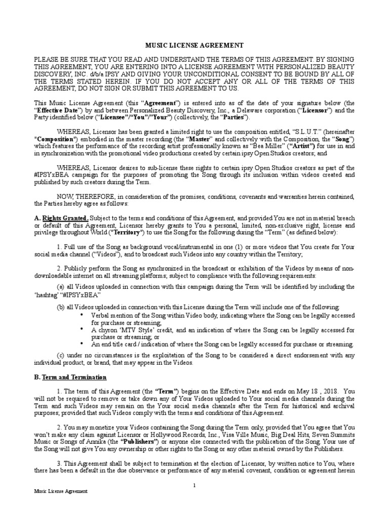 Music License Agreement Example | PDF | License | Indemnity