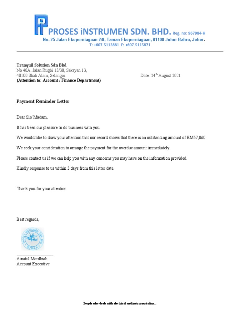 1st Reminder Letter - Tranquil | PDF