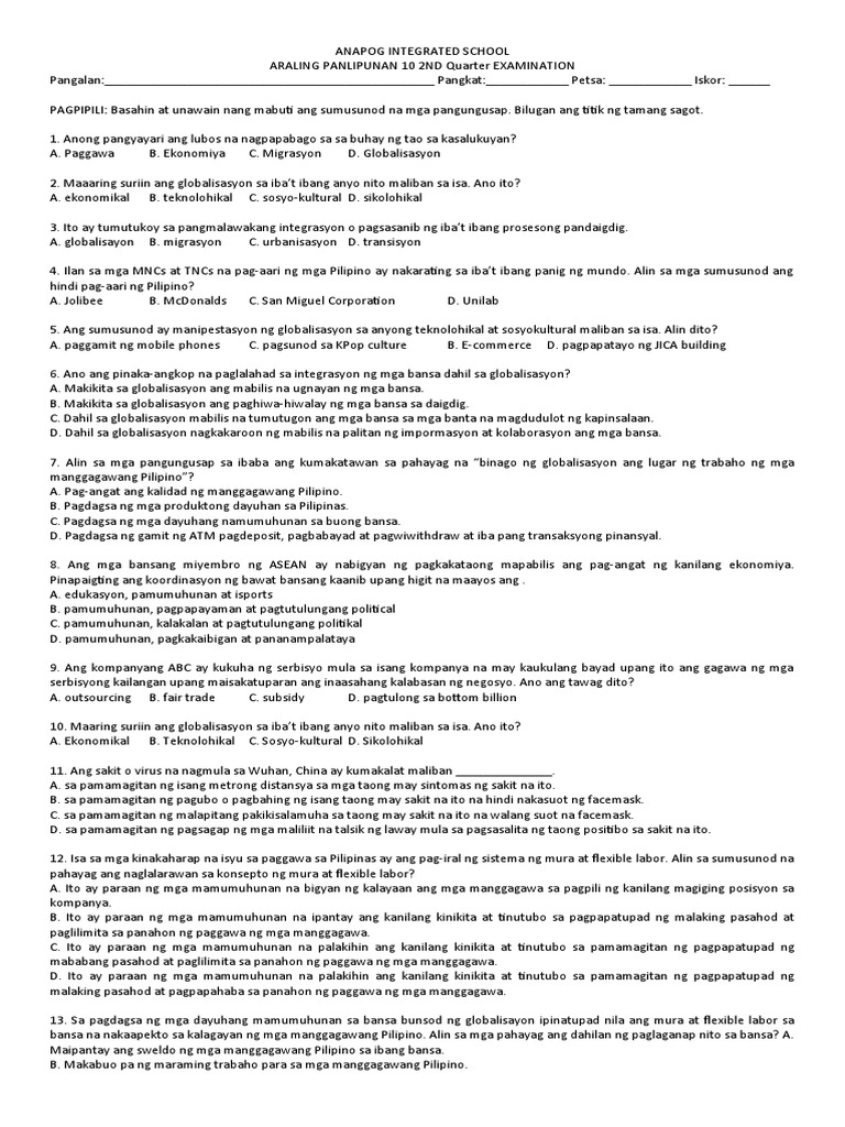 AP 10 2nd Quarter Summative Test | PDF