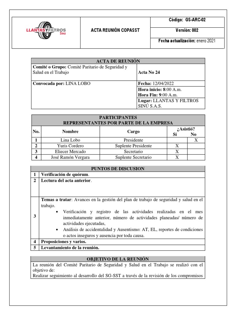Acta de Reunión Copasst - Abril | PDF