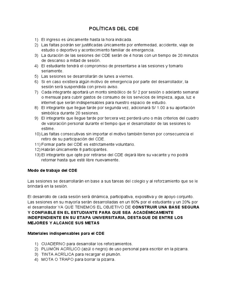 Normas y Funcionamiento del CDE | PDF