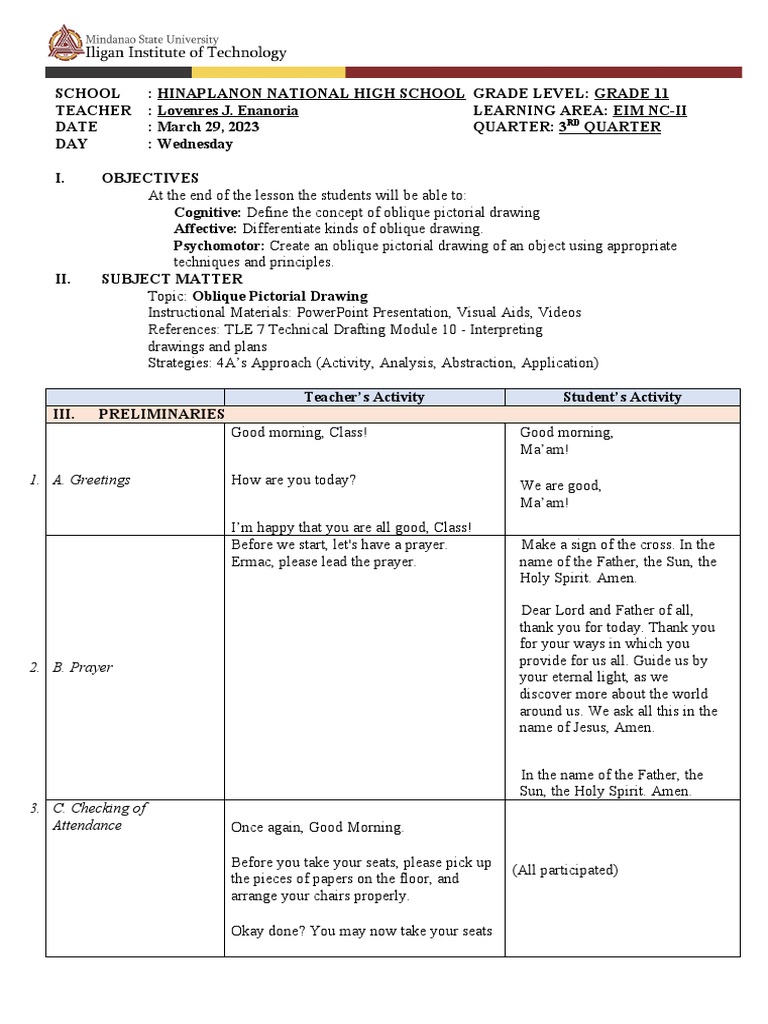 Lesson Plan 5 - Oblique Pictorial Drawing | PDF | Geometry | Cognitive ...